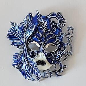 Jewelry | Enameled Masquerade Mask Brooch Blue White Silver Tone ...